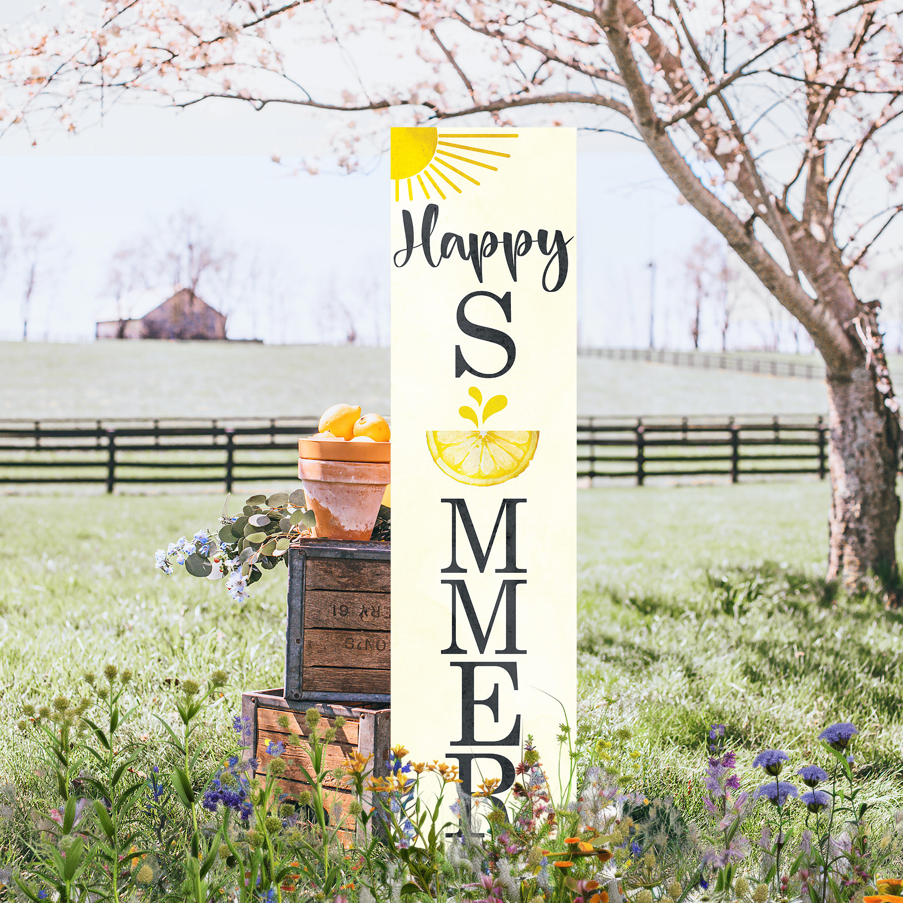 Winston Porter Happy Summer Lemon Porch Sign | Front Door Decor with Sun & Lemon Design ...